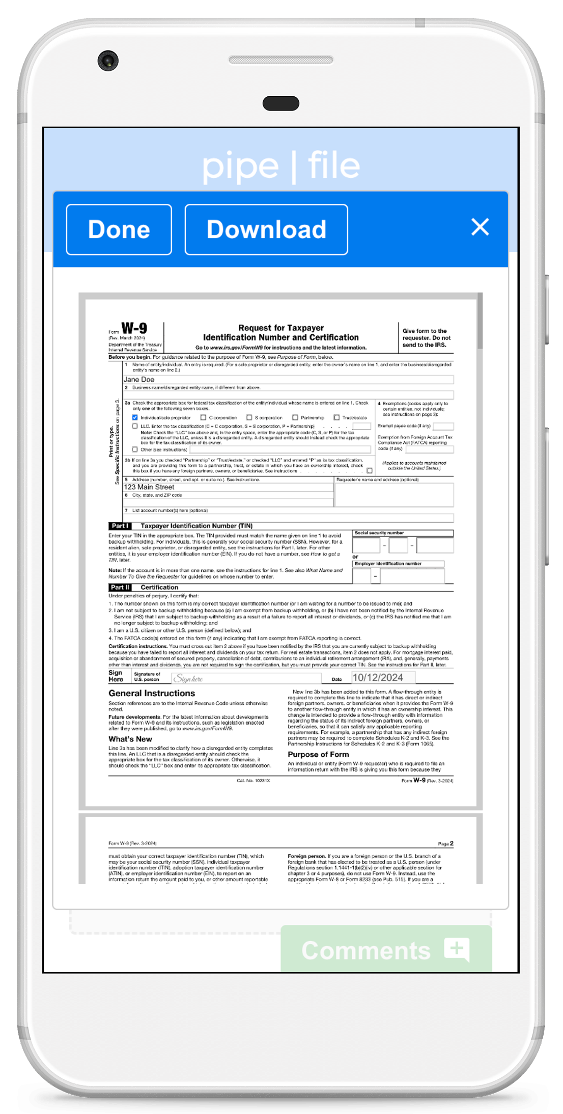 Mobile app showing completed fillable form